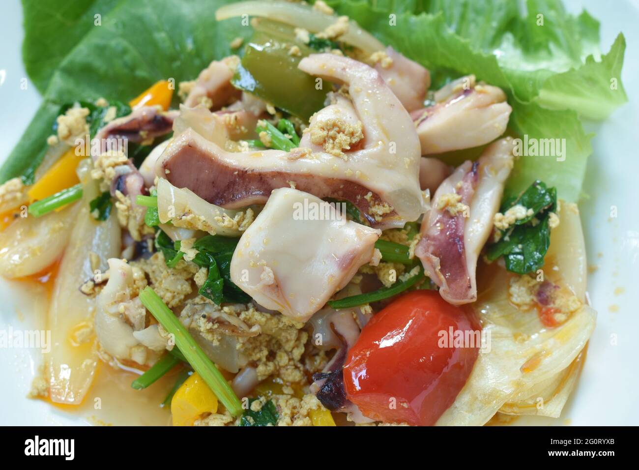 stir fried squid in yellow curry and egg on plate Stock Photo - Alamy