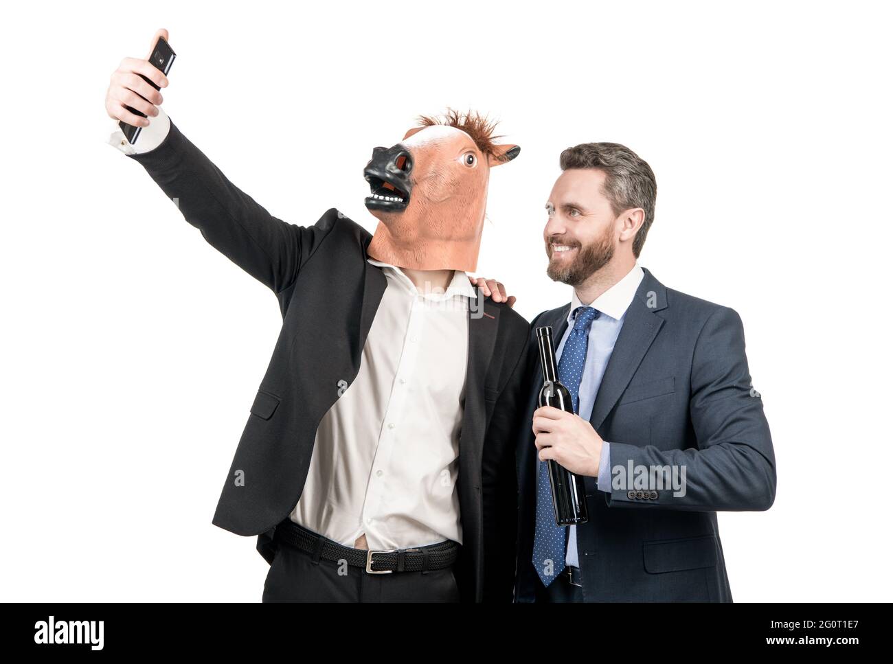 Happy professional man in horse head mask and drunk manager take self ...