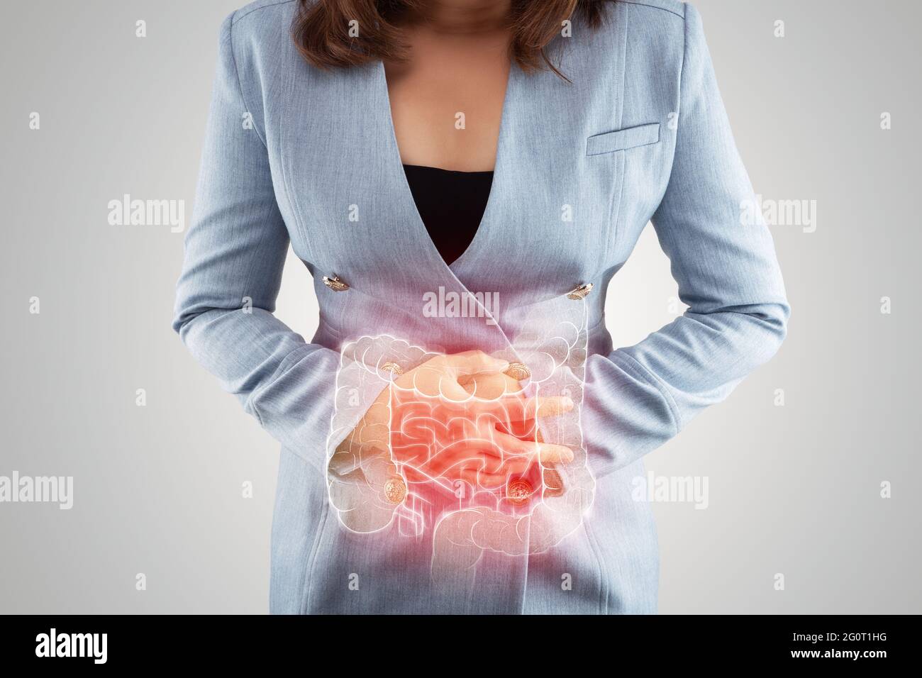 Illustration of large intestine is on the woman's body. Business Woman ...