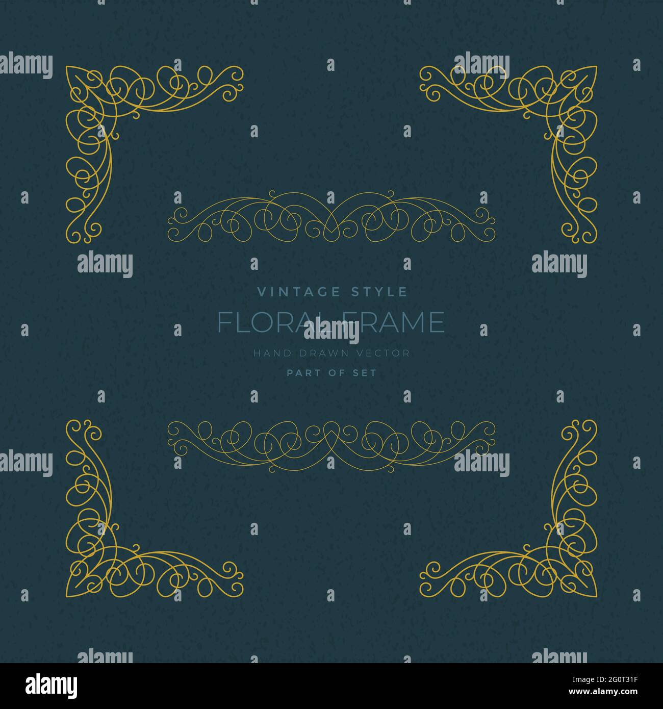 Vintage style floral frame and corner ornaments. Hand drawn outline ...