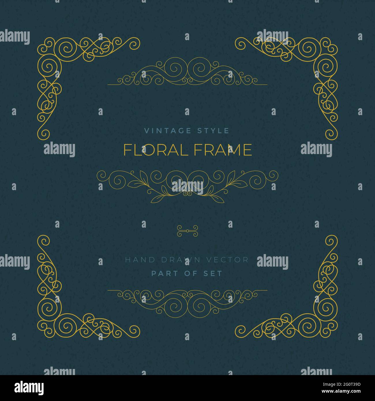 Vintage style floral frame and corner ornaments. Hand drawn outline ...