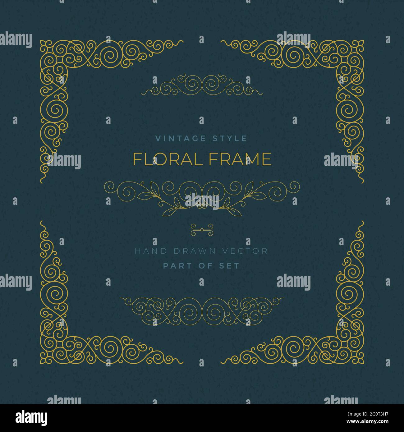 Vintage style floral frame and corner ornaments. Hand drawn outline ...