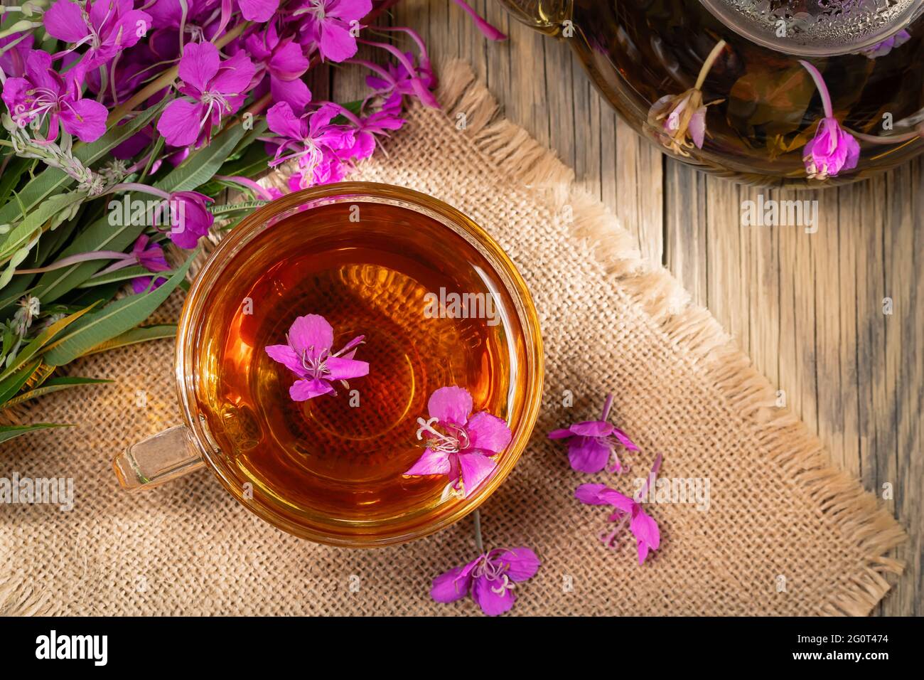 Herbal tea made from fireweed known as blooming sally in teapot and cup ...