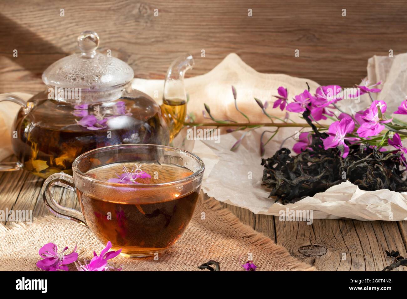 Herbal tea made from fireweed known as blooming sally in teapot and cup ...