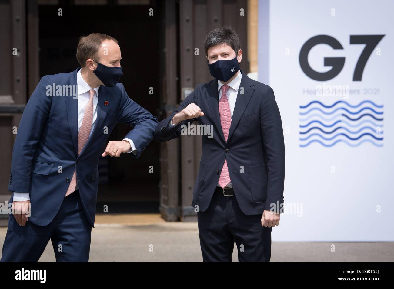 British Secretary of State for Health, Matt Hancock (left) welcomes his ...