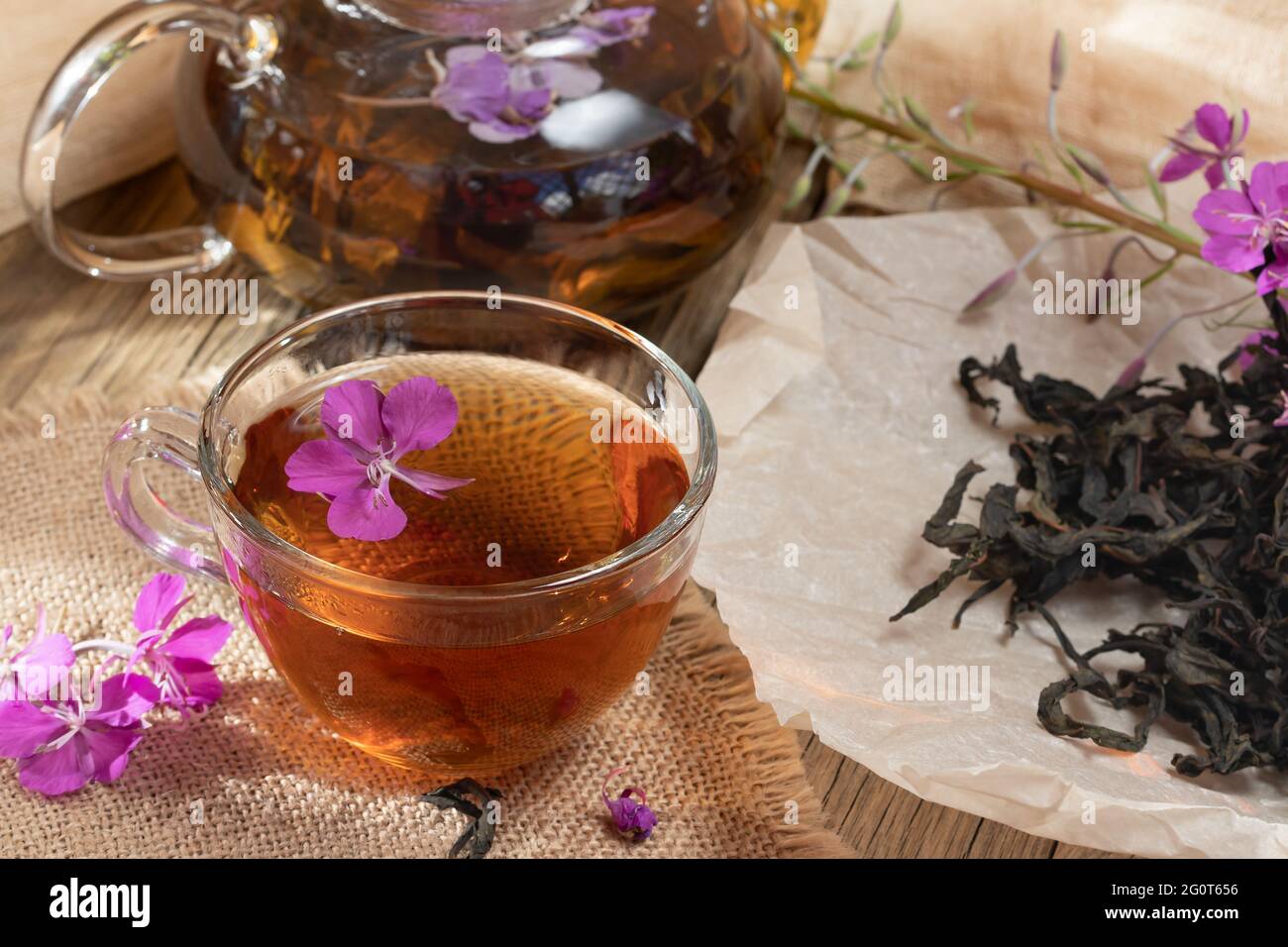 Herbal tea made from fireweed known as blooming sally in teapot and cup ...