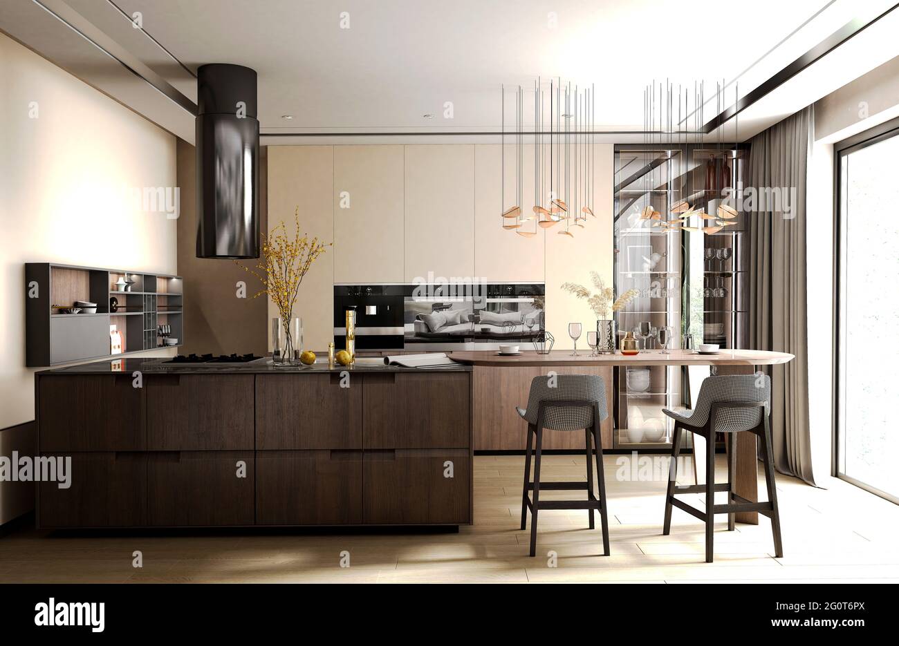 3d render of kitchen and dining room Stock Photo - Alamy