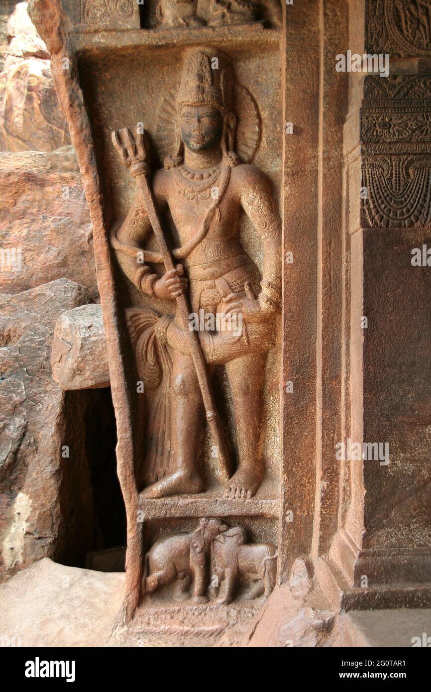 Sculpture of a doorman at entrance of Cave I at Badami, Karnataka ...