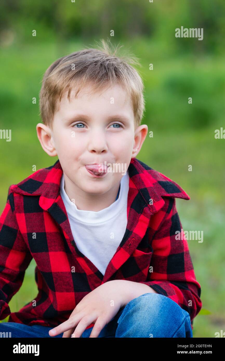 Close-up portrait of a mischievous little boy on nature background. The ...