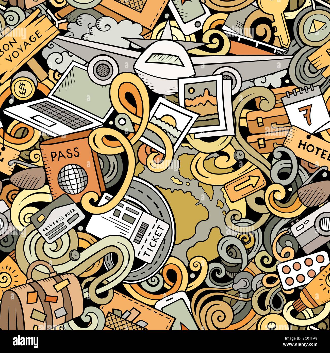 Traveling hand drawn doodles seamless pattern. Travel planning ...