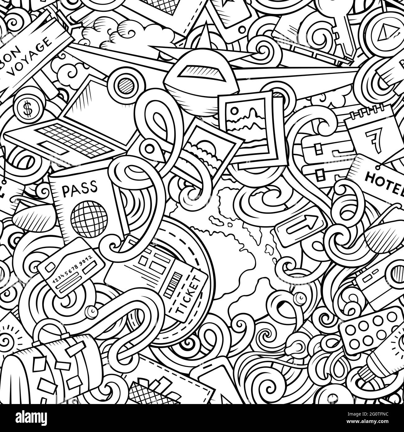 Traveling hand drawn doodles seamless pattern. Travel planning ...