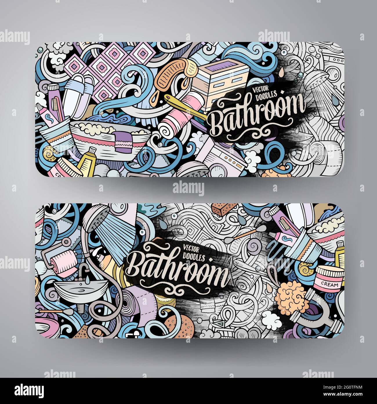 Bathroom hand drawn doodle banners set. Cartoon detailed flyers. Bath ...