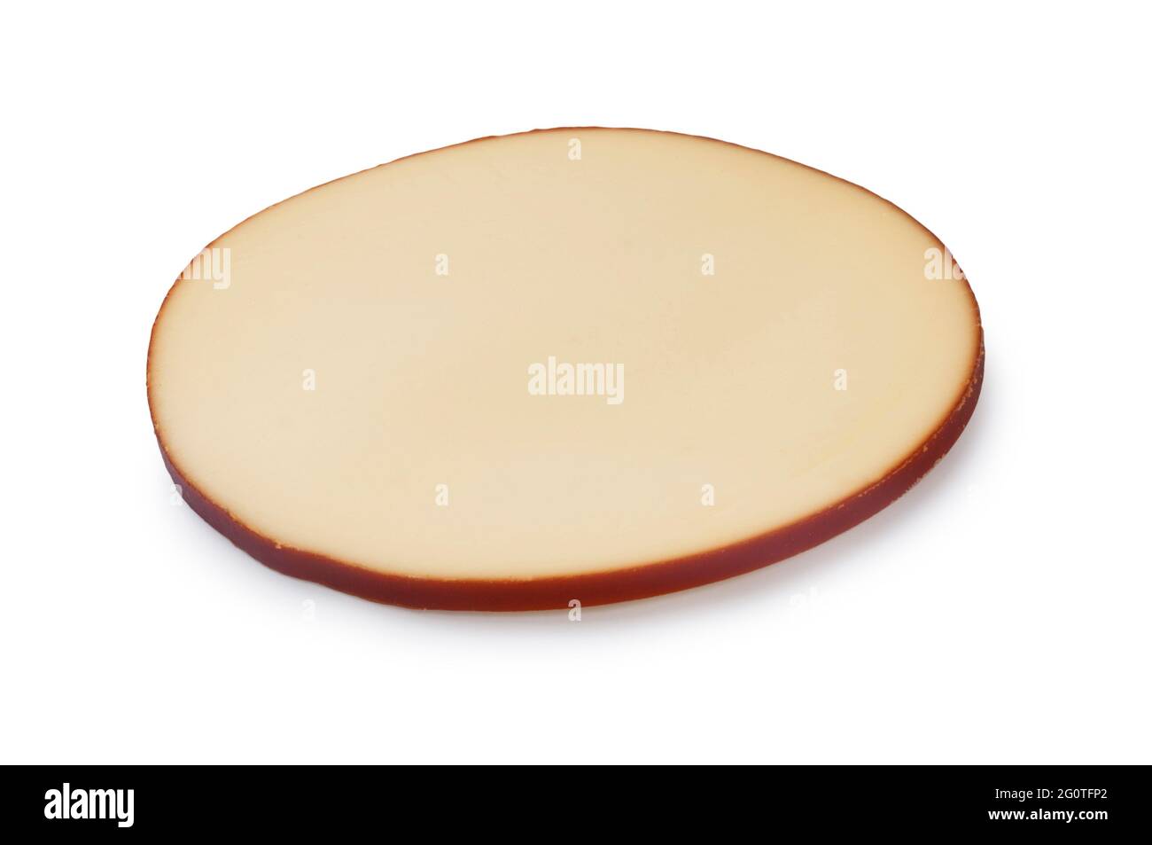 Studio shot of circular slices of smoked cheese cut out against a white ...