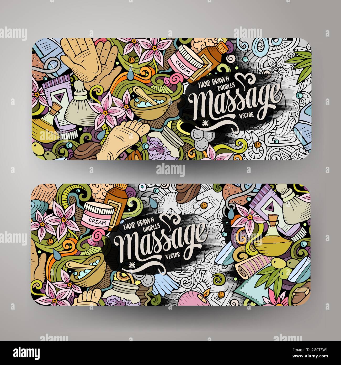 Massage hand drawn doodle banners set. Cartoon detailed flyers. Spa ...