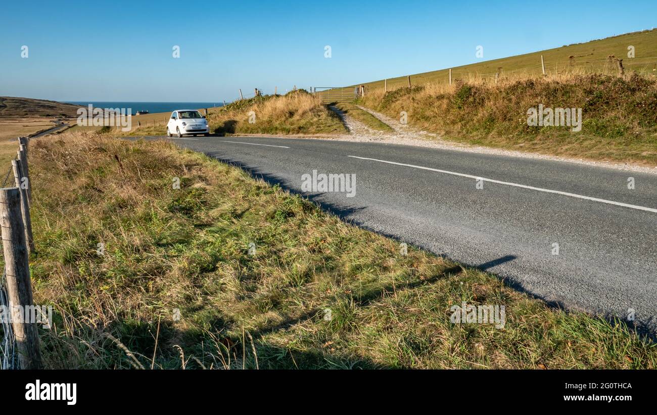 European Road Trip. A car travelling the winding roads of the South ...
