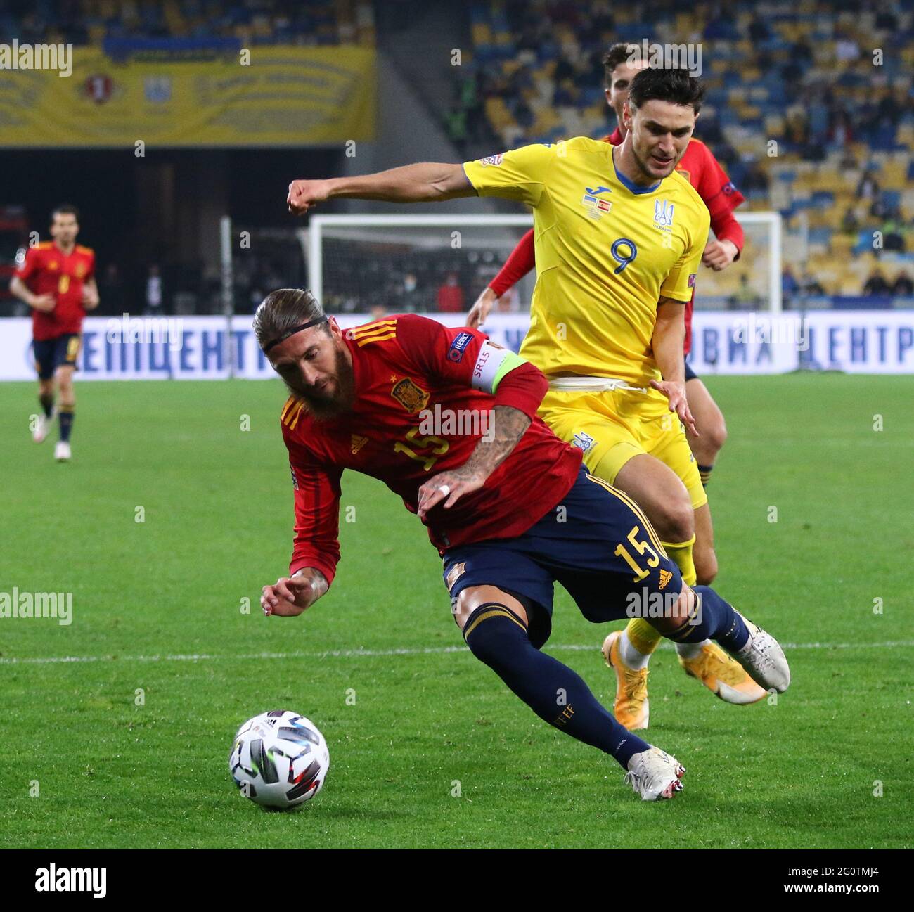 KYIV, UKRAINE - OCTOBER 13, 2020: Sergio Ramos of Spain (L) fights for ...