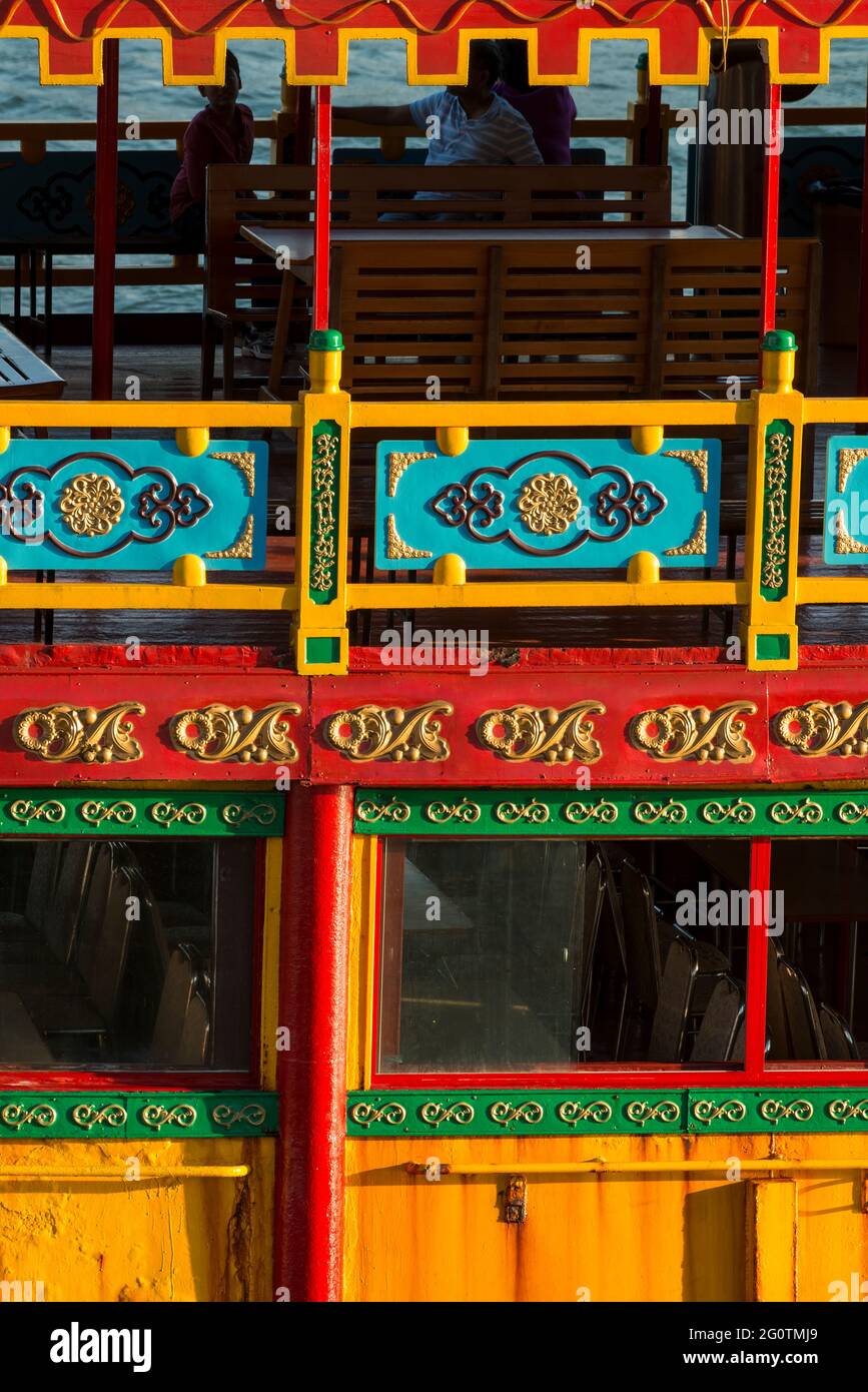 Detail of a traditional Chinese junk used for sightseeing cruises on ...