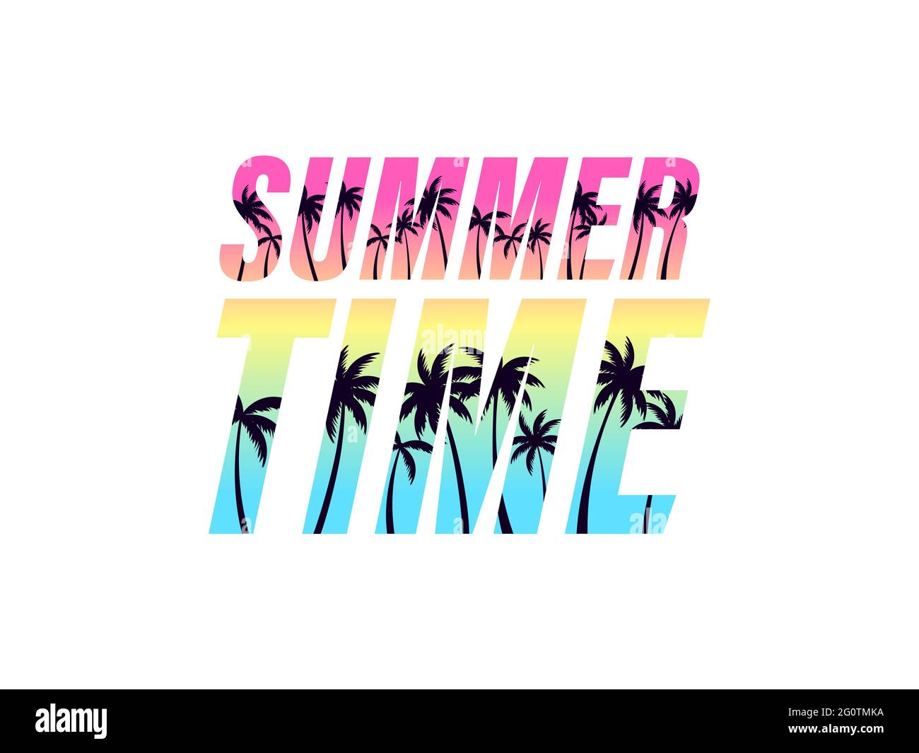 Summer time. Text with palm trees on a sunset. 80s retro design for ...