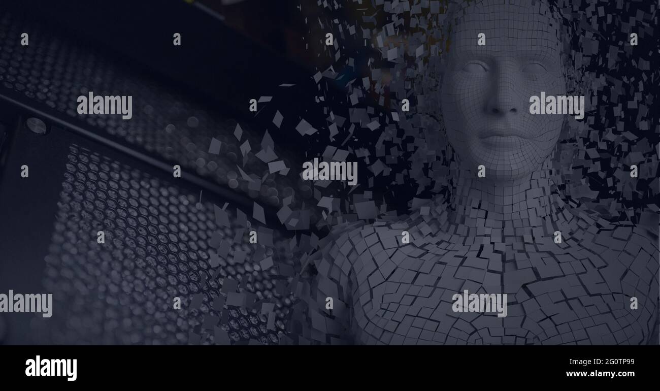 Composition of exploding human bust formed with particles and binary coding Stock Photo - Alamy
