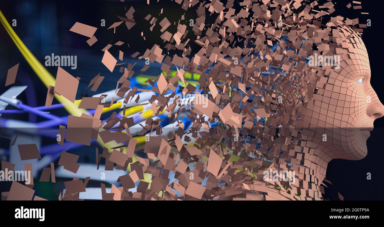 Composition of exploding human bust formed with particles and computer ...