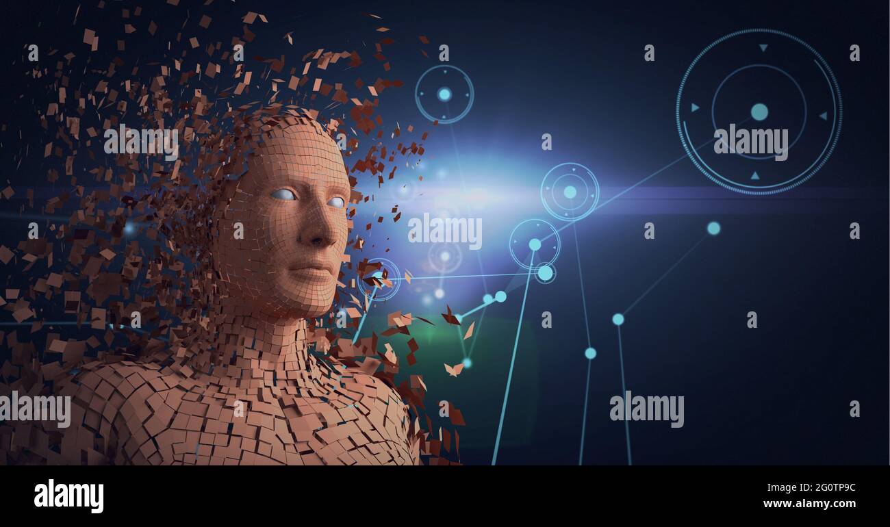 Composition of exploding human bust formed with particles over network ...