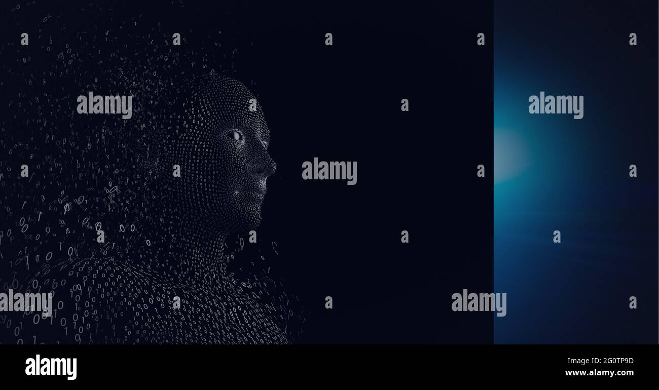 Composition Of Exploding Human Bust Formed With Binary Coding With Blue 1420