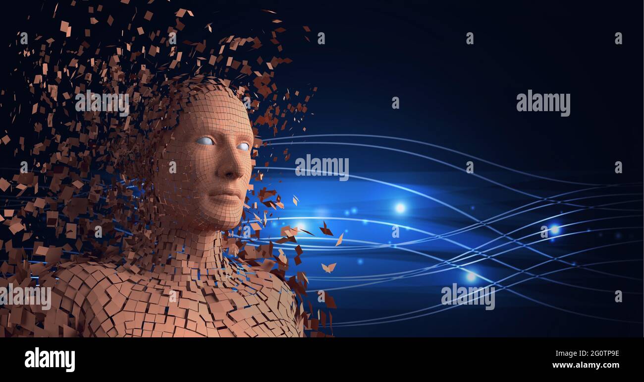 Composition of exploding human bust formed with particles over glowing ...