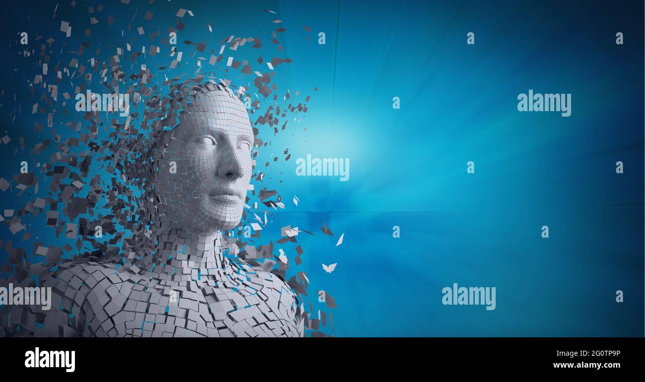 Composition of exploding human bust formed with particles over glowing ...