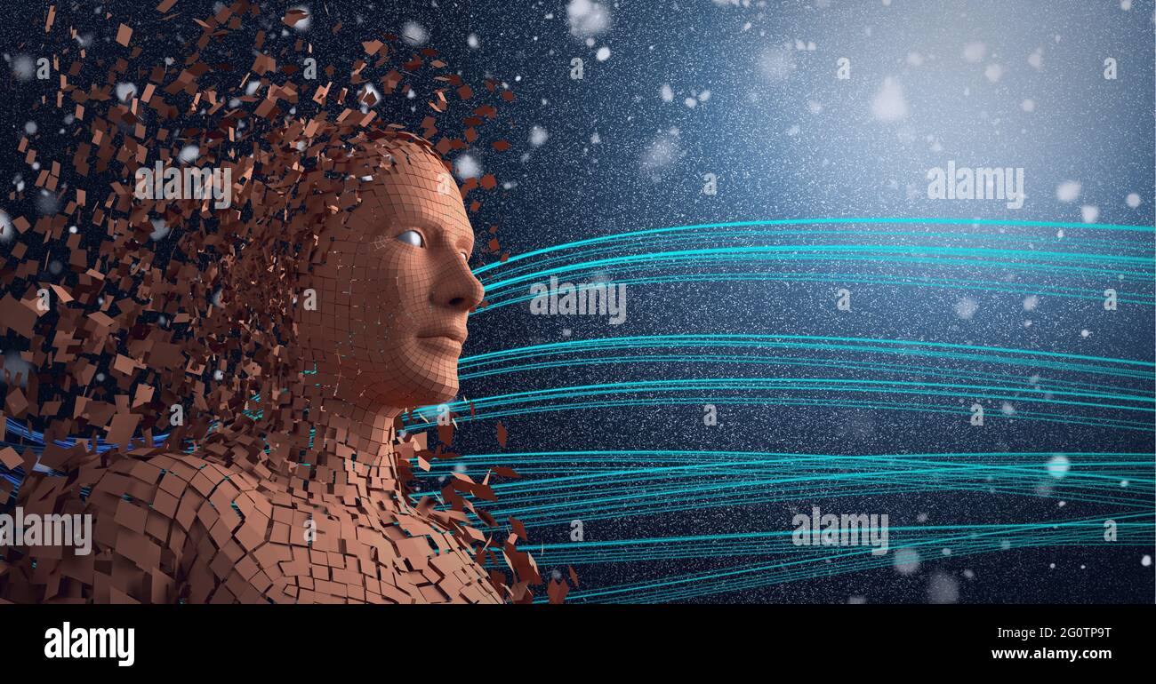 Composition of exploding human bust formed with particles over glowing ...