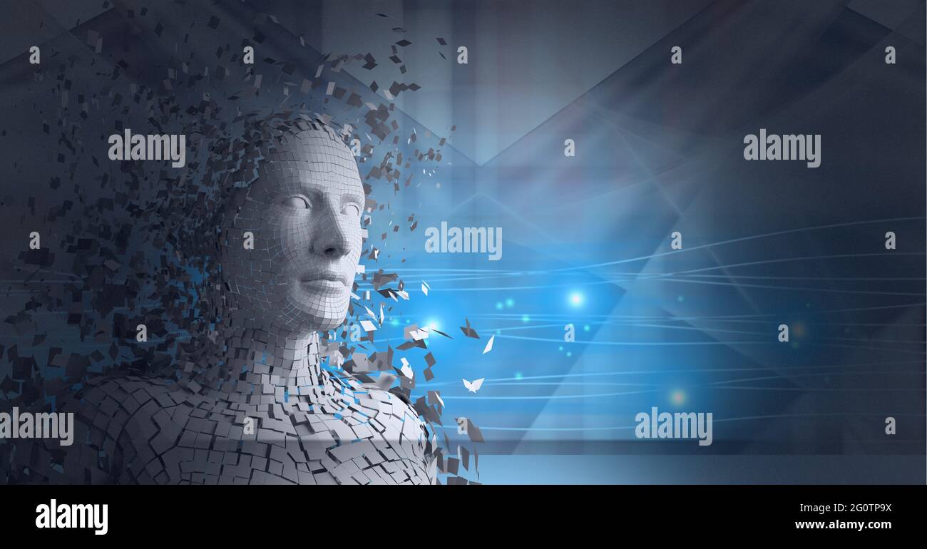 Composition of exploding human bust formed with particles over glowing ...