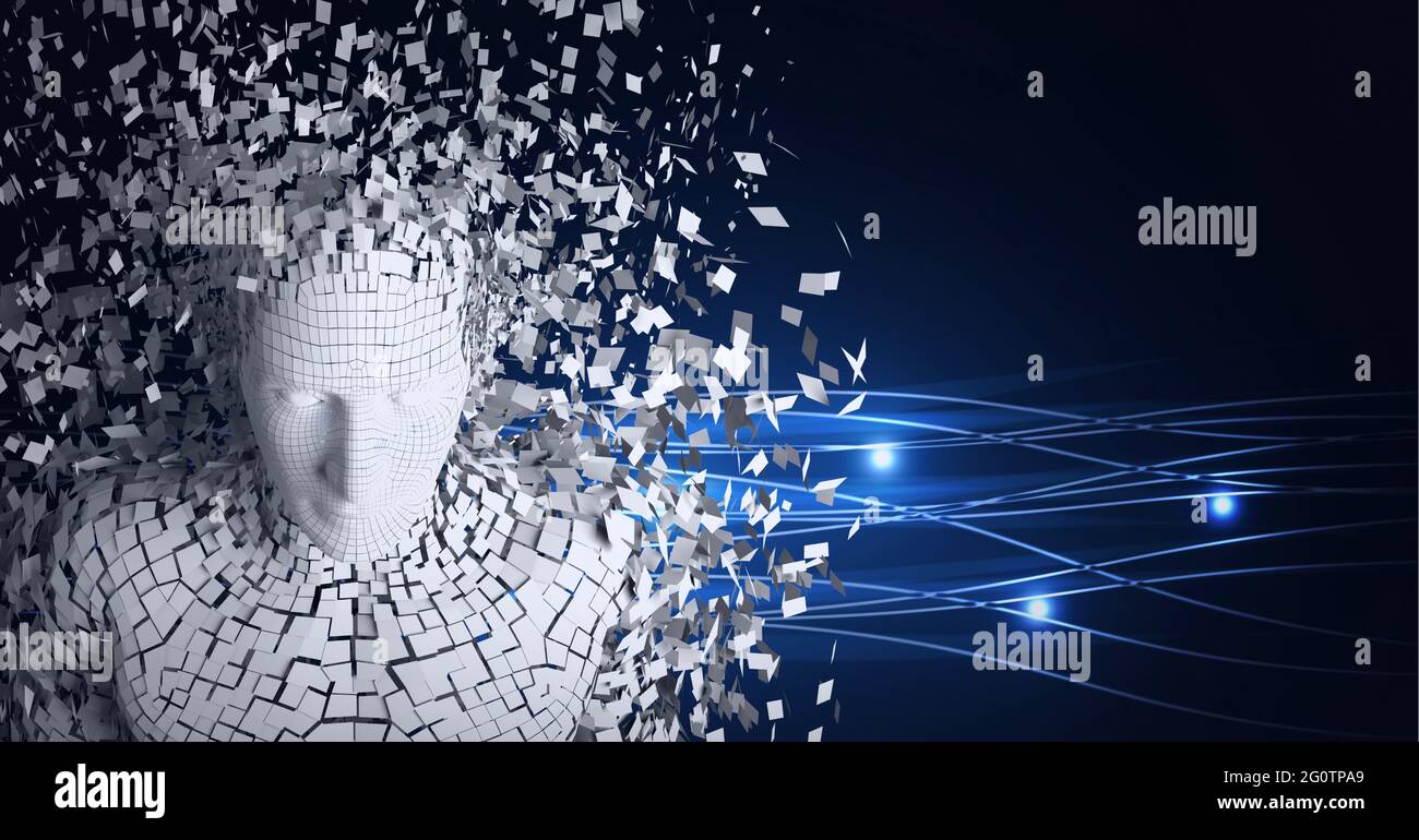 Composition of exploding human bust formed with particles over glowing ...