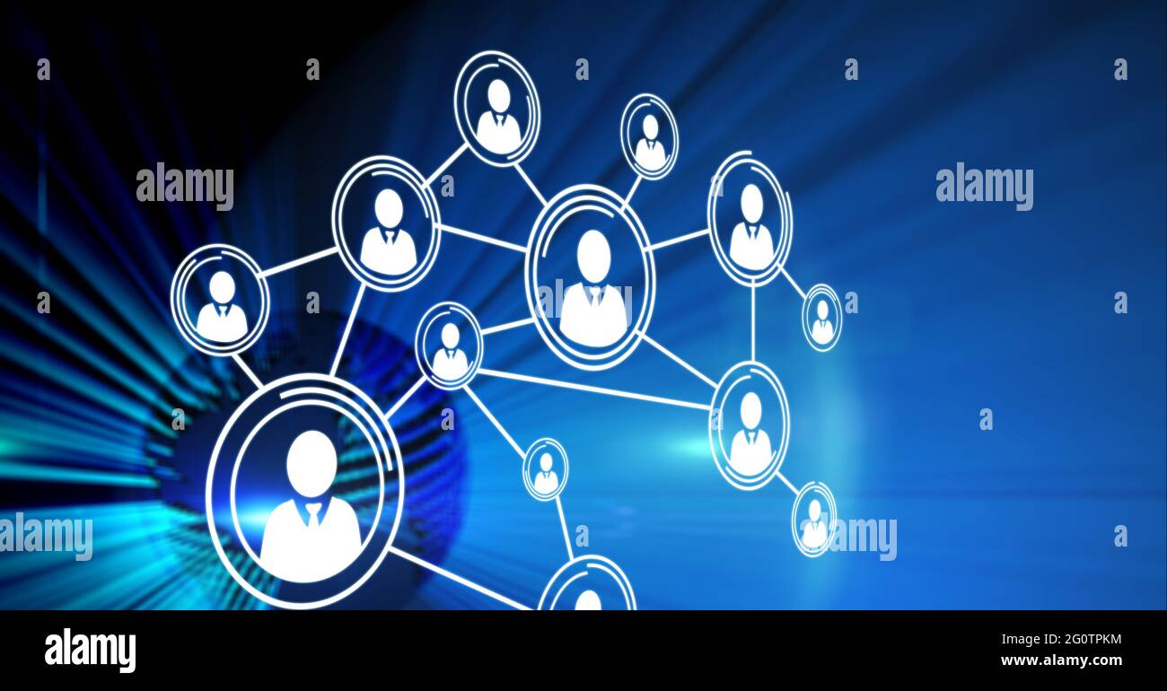 Composition of network of connections with icons over blue glowing ...