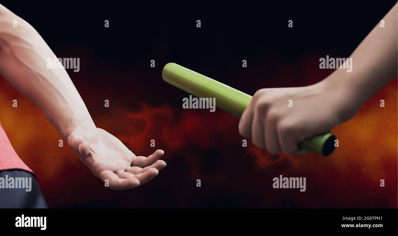 Composition of midsection of caucasian athletes passing green relay ...