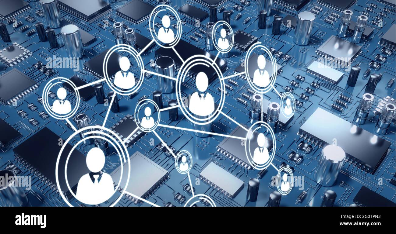 Composition of network of connections with icons over computer circuit ...