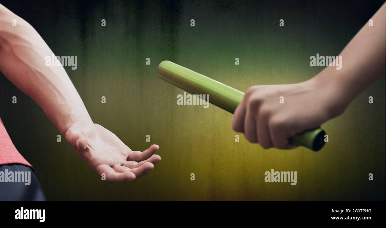 Composition of midsection of caucasian athletes passing green relay ...