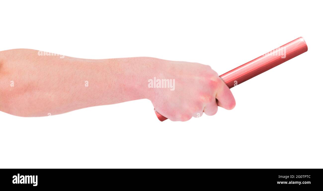 Composition of caucasian athletes passing red relay baton isolated on ...