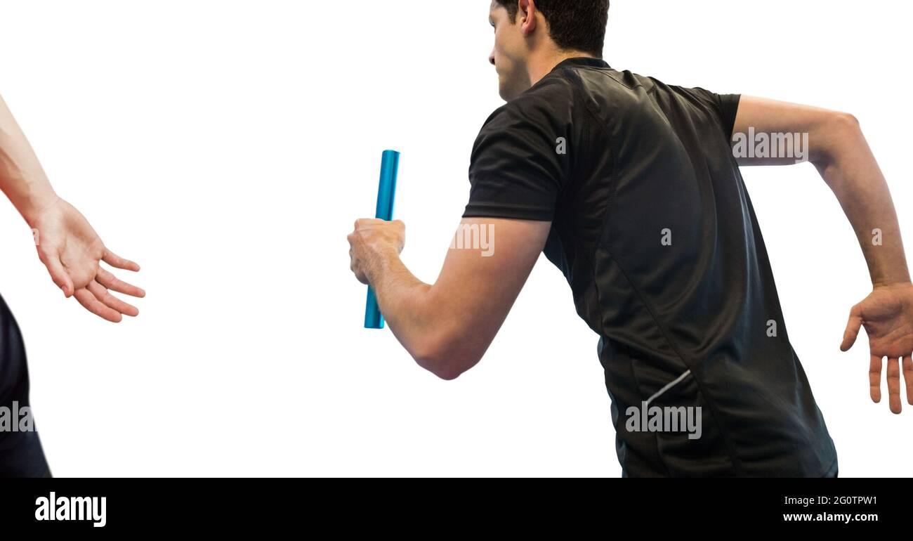 Composition of male caucasian athlete running with blue relay baton ...