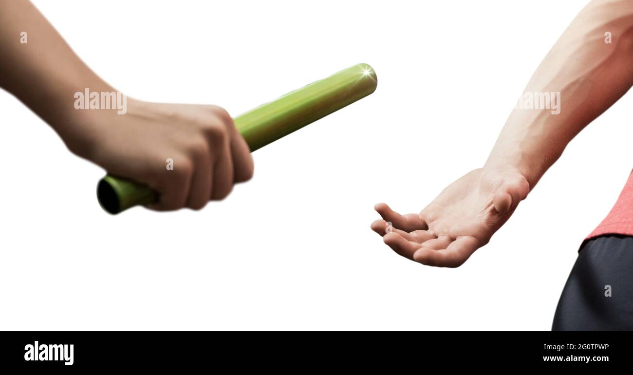 Composition of caucasian athletes passing green relay baton isolated on ...