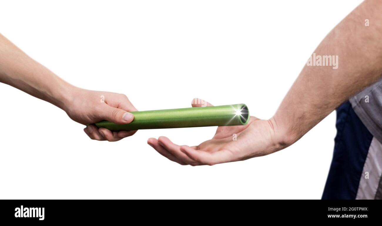 Composition of caucasian athletes passing green relay baton isolated on ...