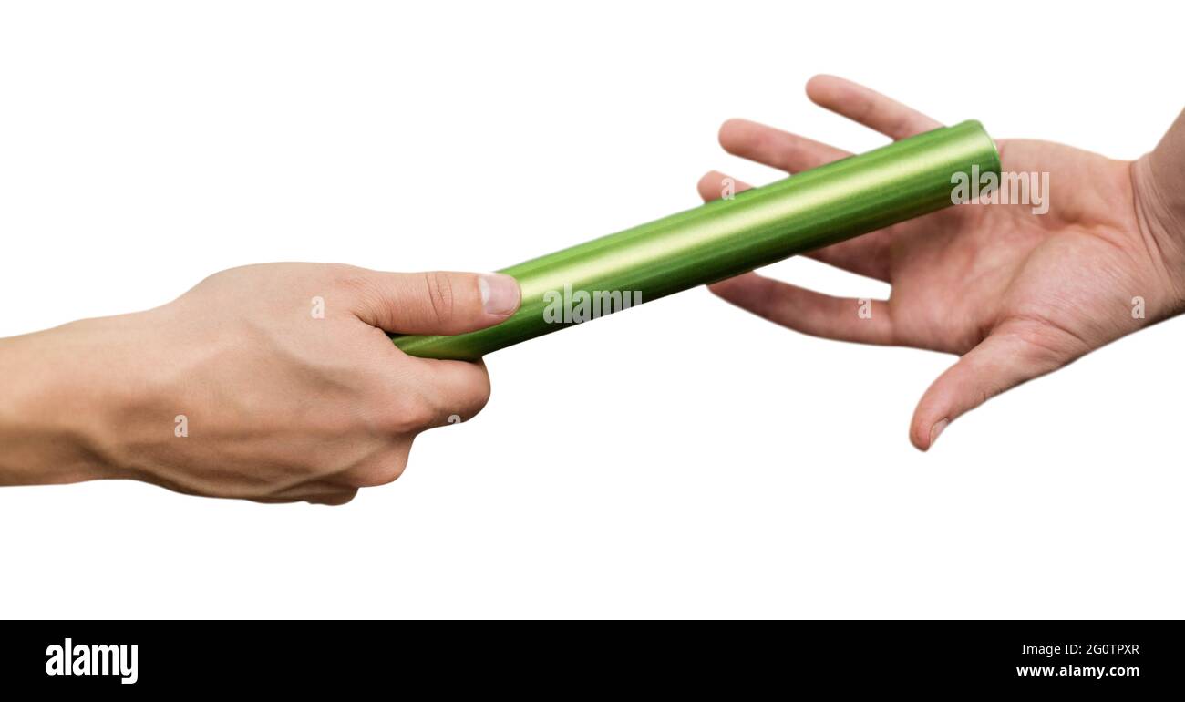 Composition of caucasian athletes passing green relay baton isolated on ...