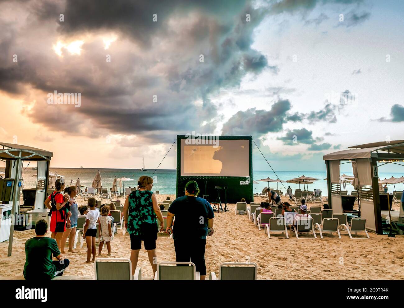 Movie projector set up on the beach at a Caribbean beach resort Stock ...