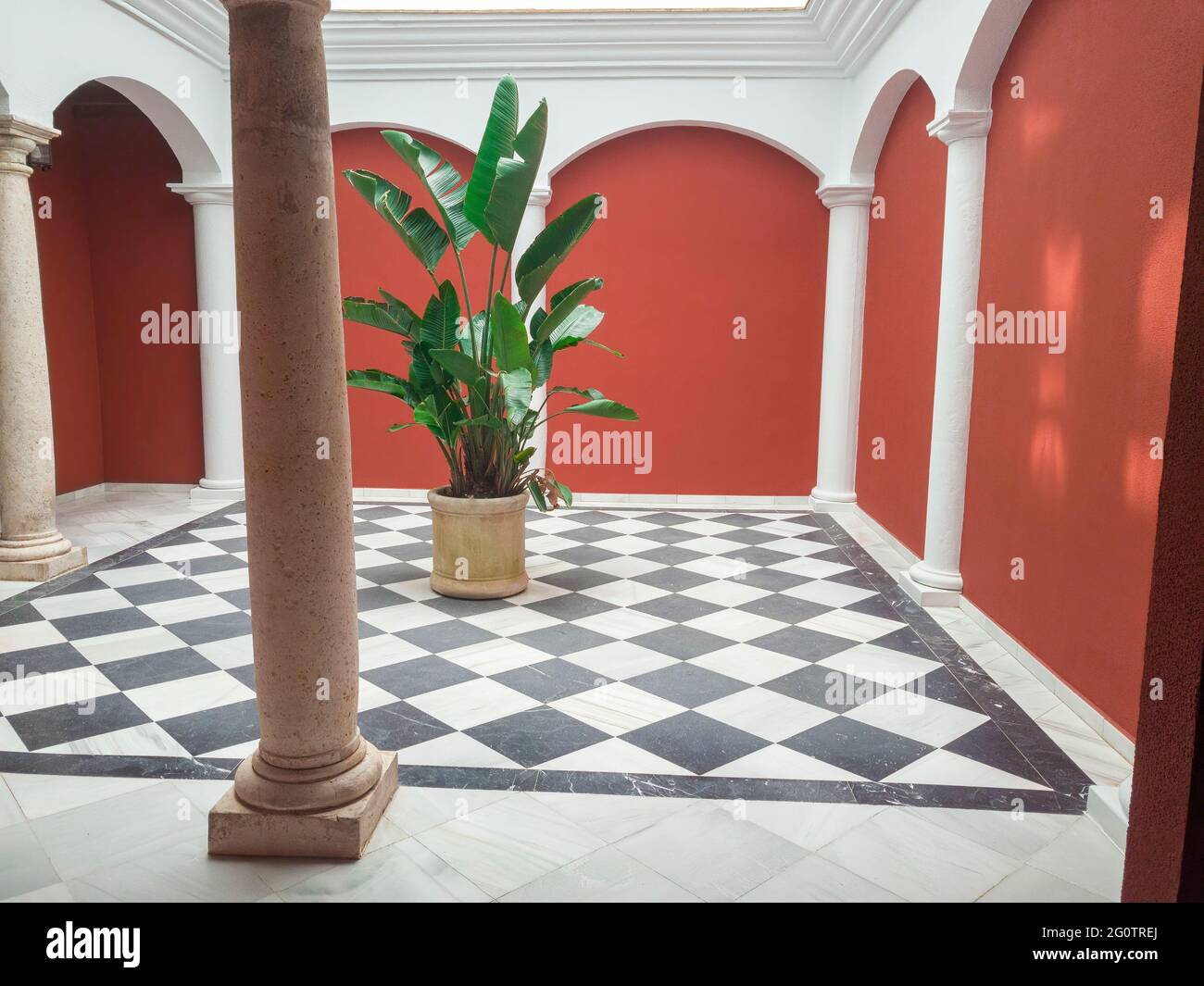 Patio with columns and a plant in the center Stock Photo - Alamy