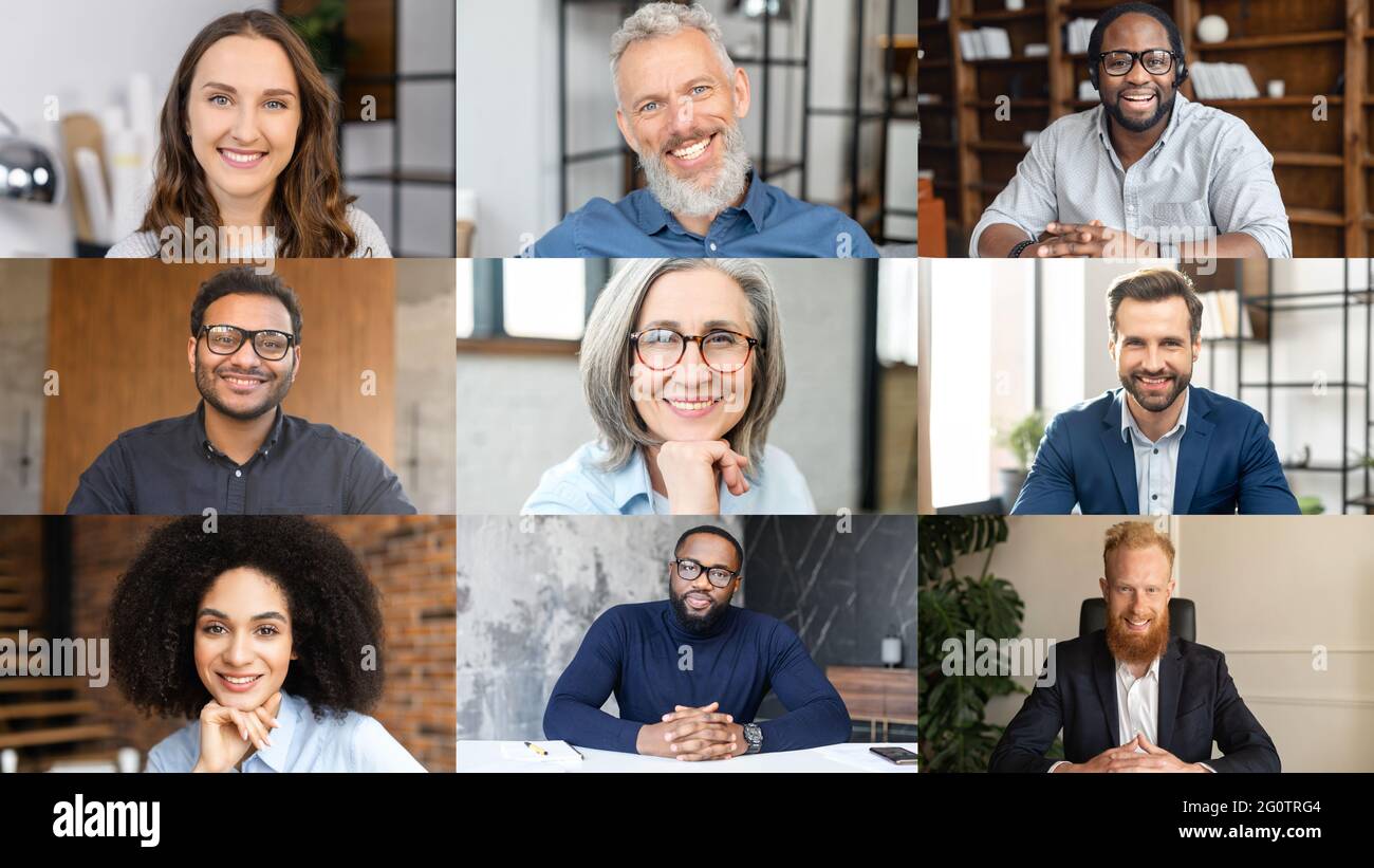 Virtual morning meeting. Screen with a many diverse mixed race ...