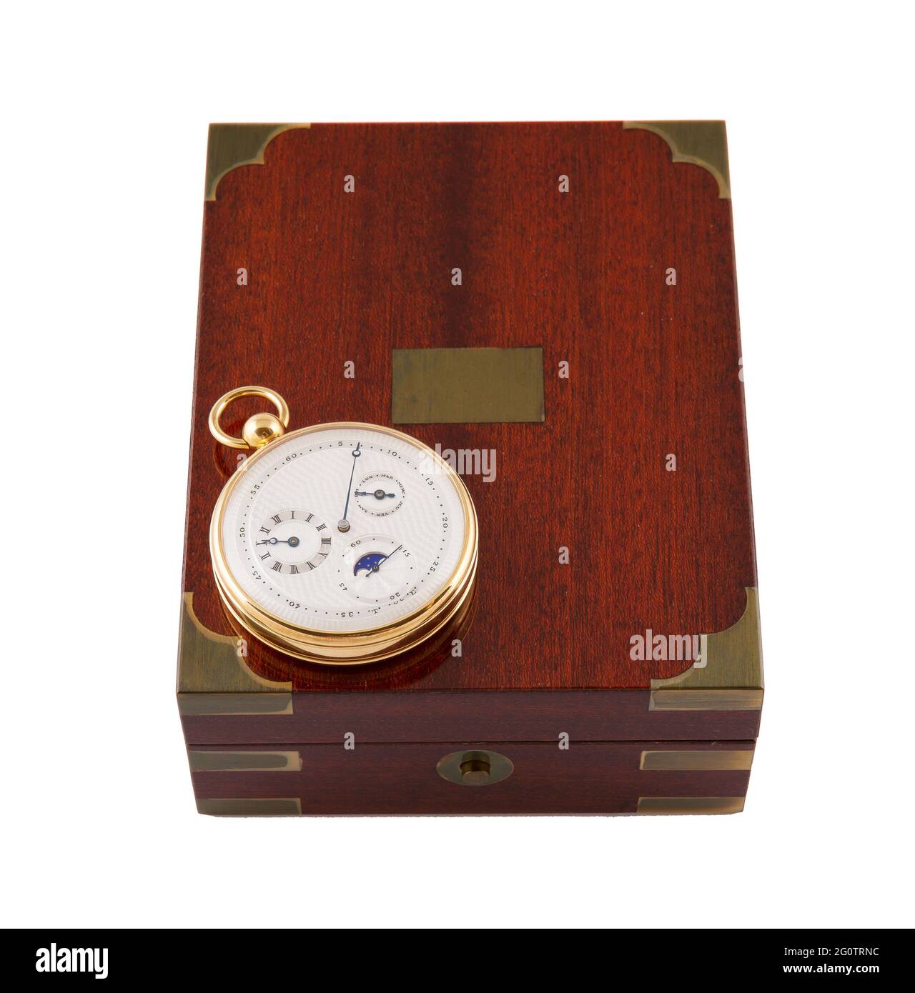 Closeup shot of a modern golden pocket watch and a case on a white ...