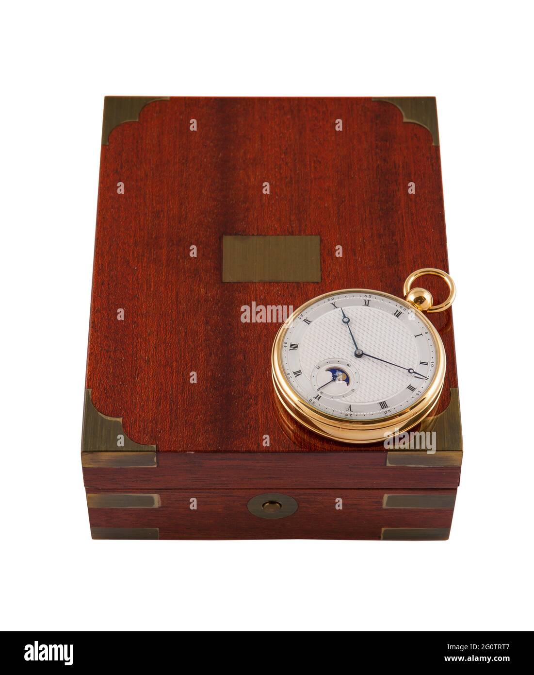 Closeup shot of a modern golden pocket watch and a case on a white ...