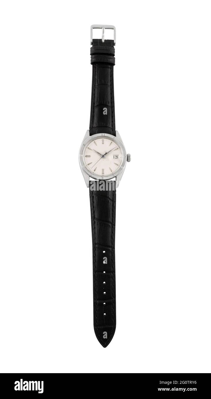 Vertical shot of a modern black wristwatch on a white background Stock ...