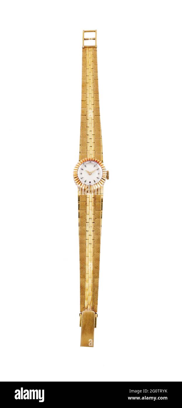 Vertical shot of a modern golden wristwatch on a white background Stock ...