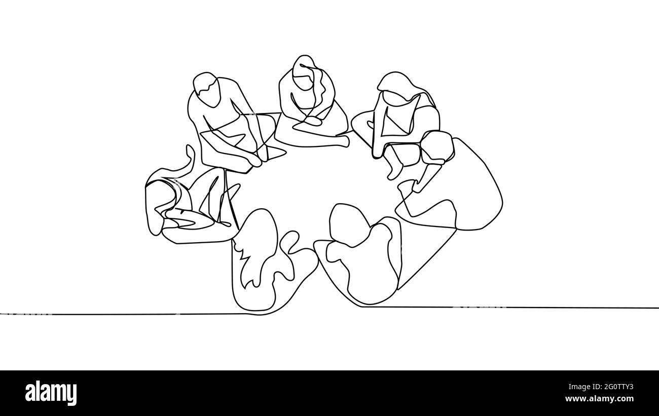Continuous line drawing group of people sitting, standing, meeting and ...