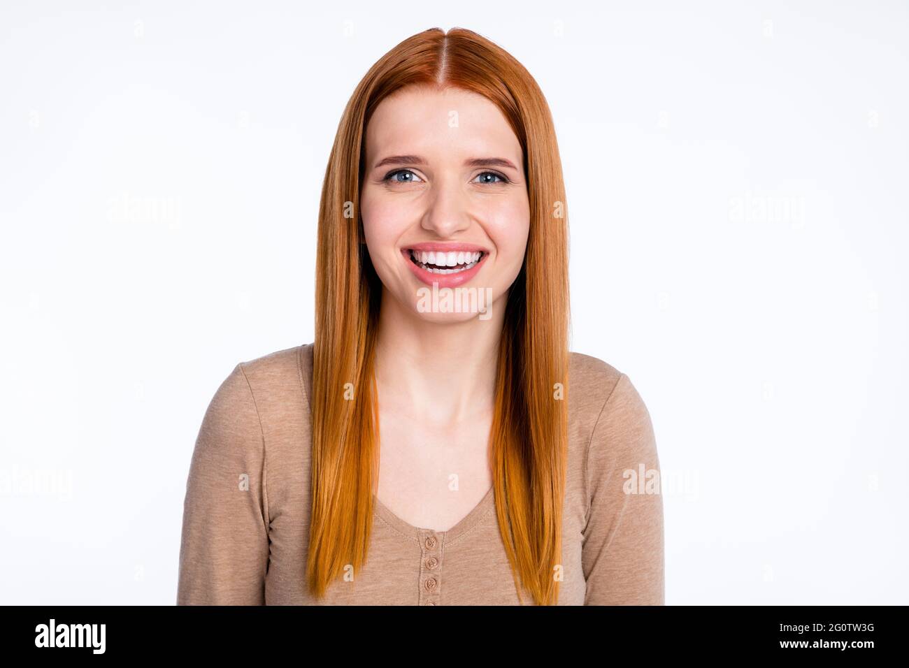 Photo of adorable shiny ginger lady wear beige shirt smiling laughing ...