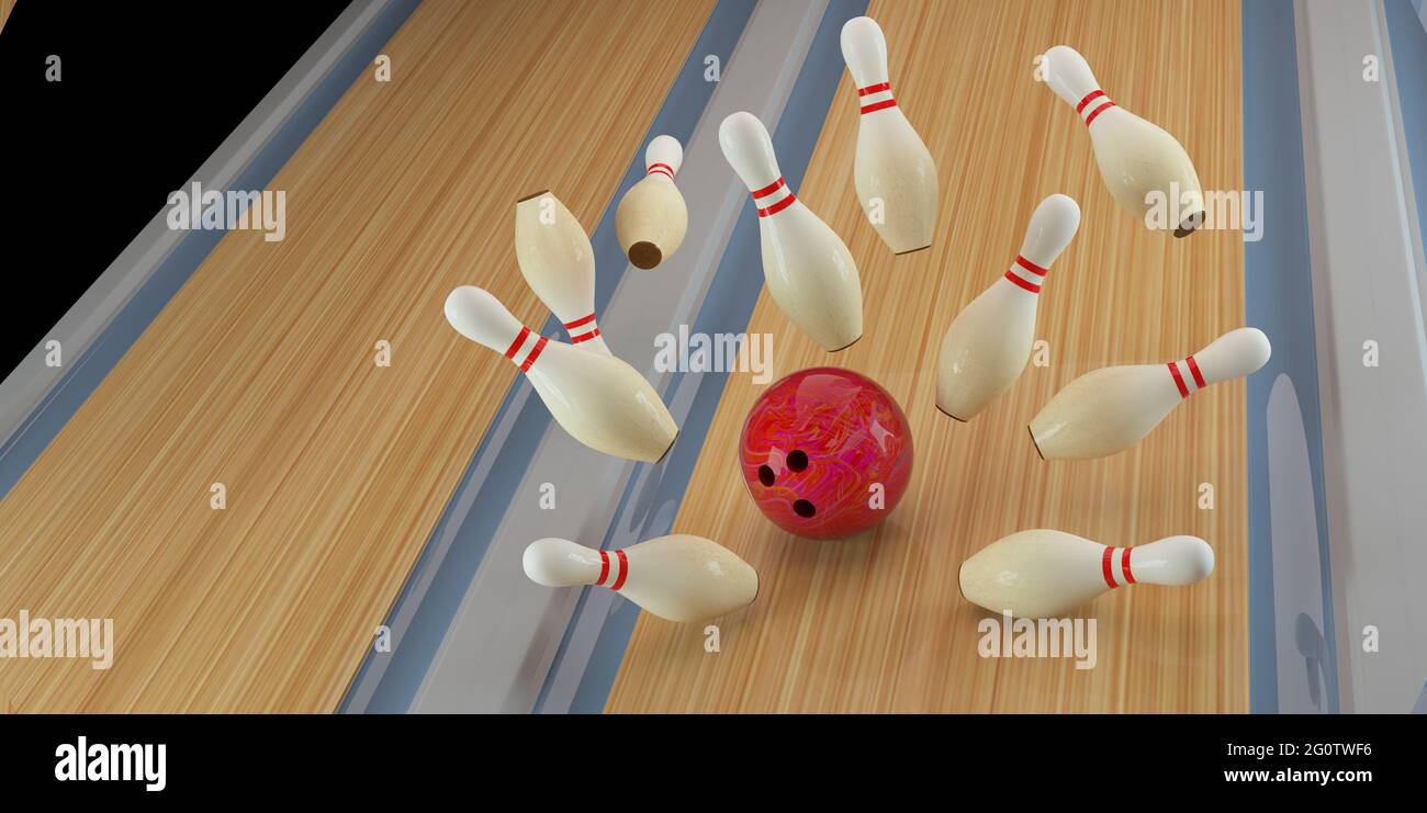 bowling strike. Skittles and bowling ball on the track Stock Photo - Alamy